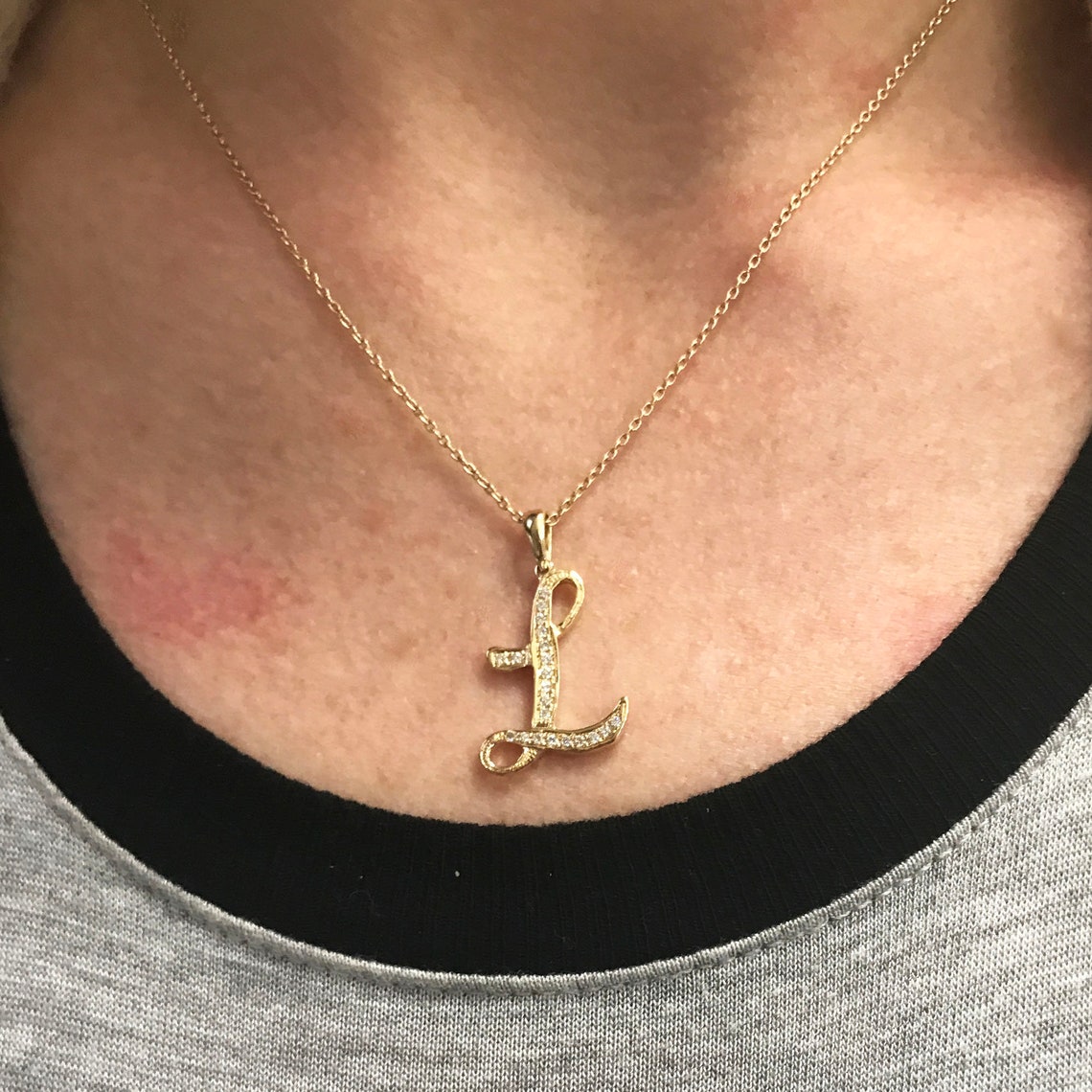Solid 14k Gold Letter L Pendant / Initial Pendant / 0.1 ctw | Etsy