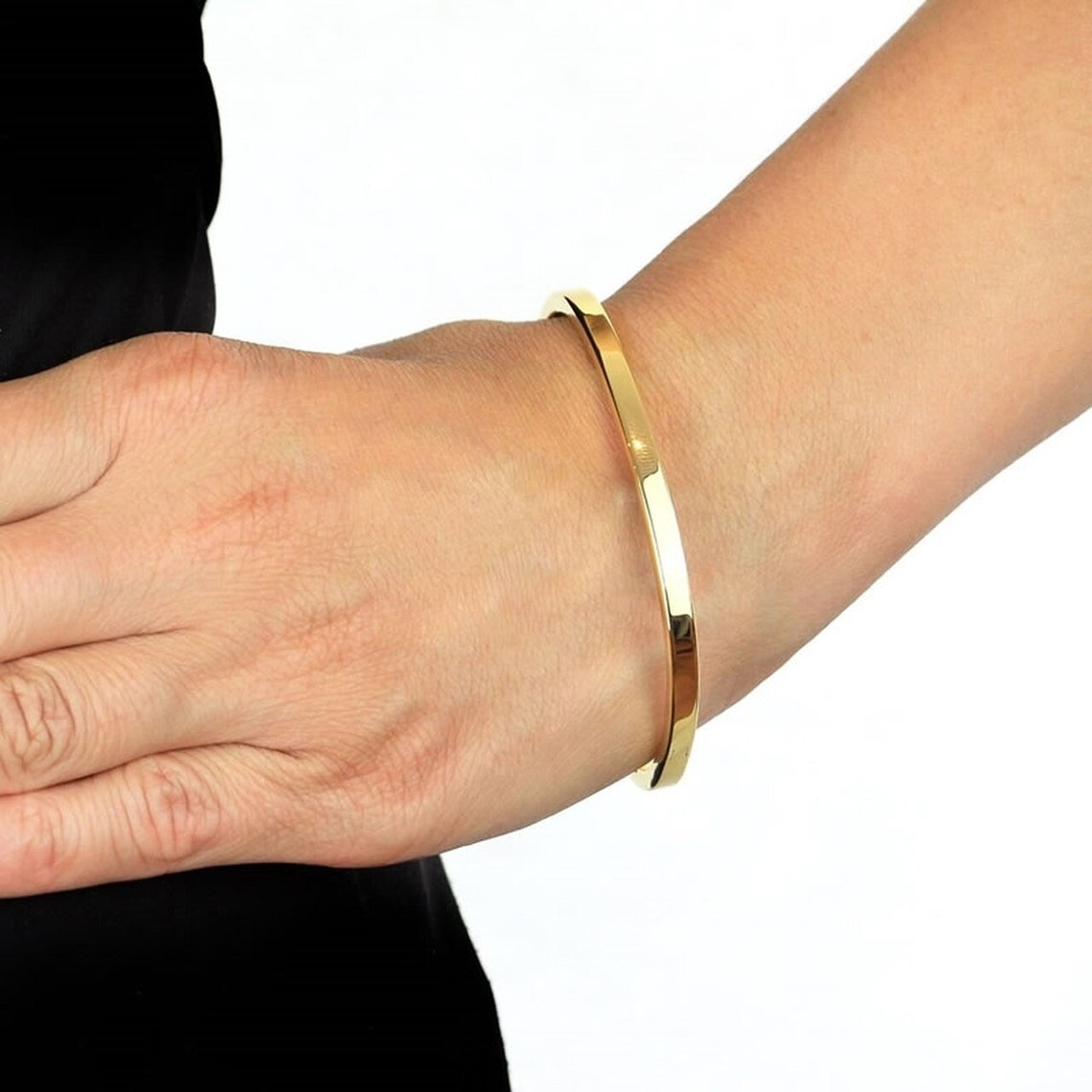 Flat Plain Gold Bangle 4MM / Solid 14k Yellow Gold Oval Bracelet ...