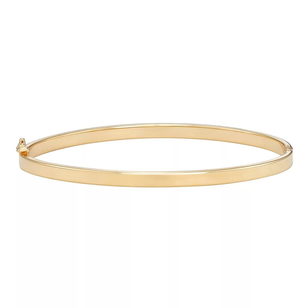 Flat Plain Gold Bangle 4MM / Solid 14k Yellow Gold Oval Bracelet ...