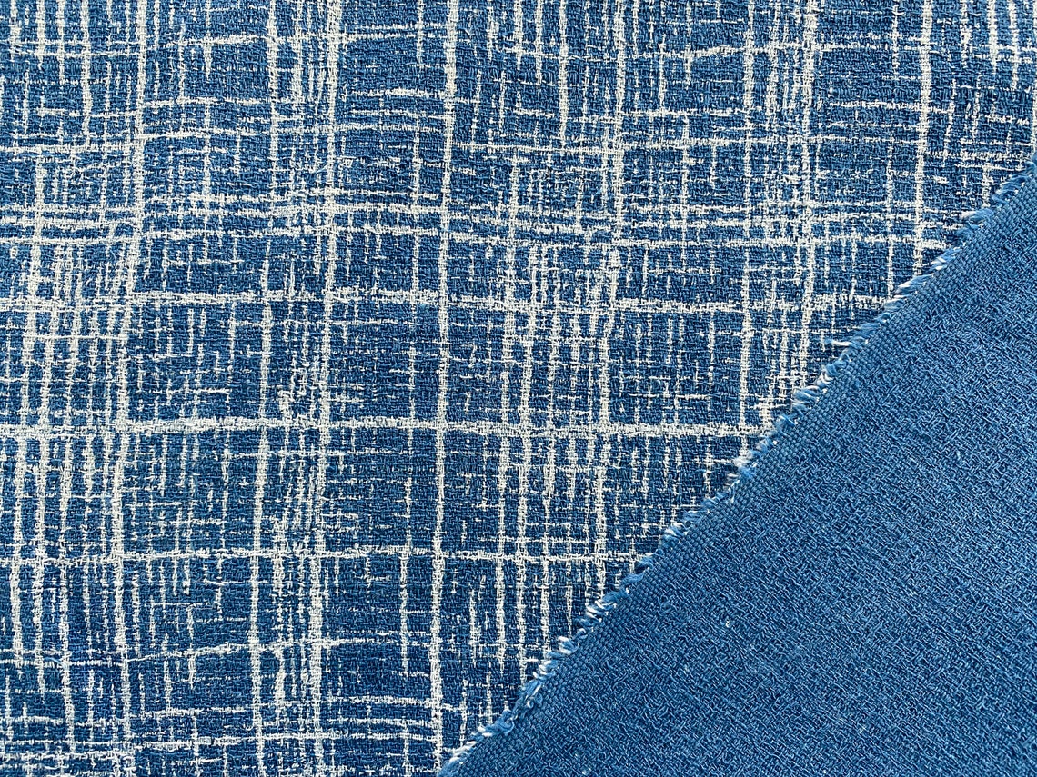 Grid Line Natural Indigo Cotton Fabric by the Yard Geometric - Etsy