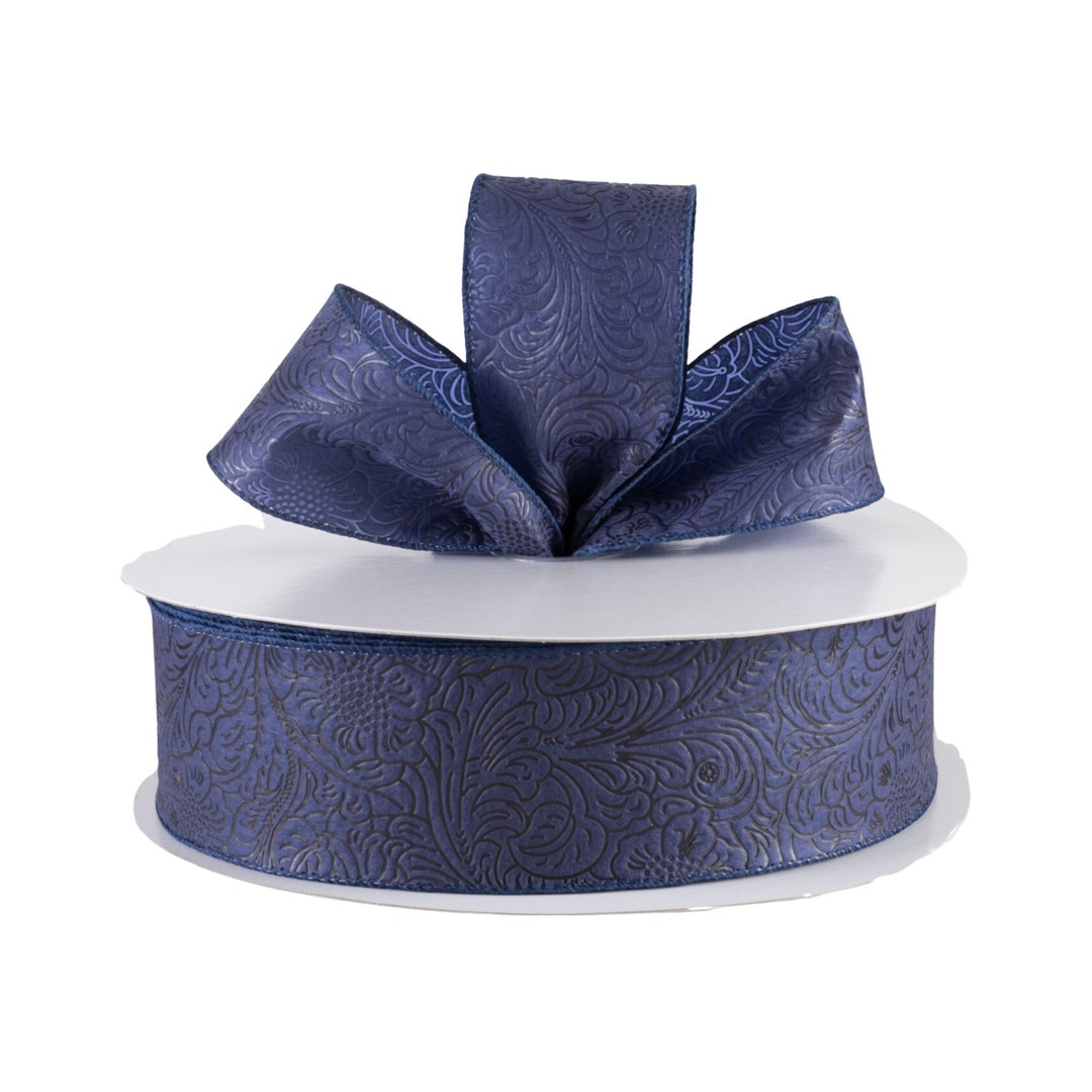Embossed Flower Navy Blue Weatherproof Fabric 2.5" Wired Ribbon - Etsy
