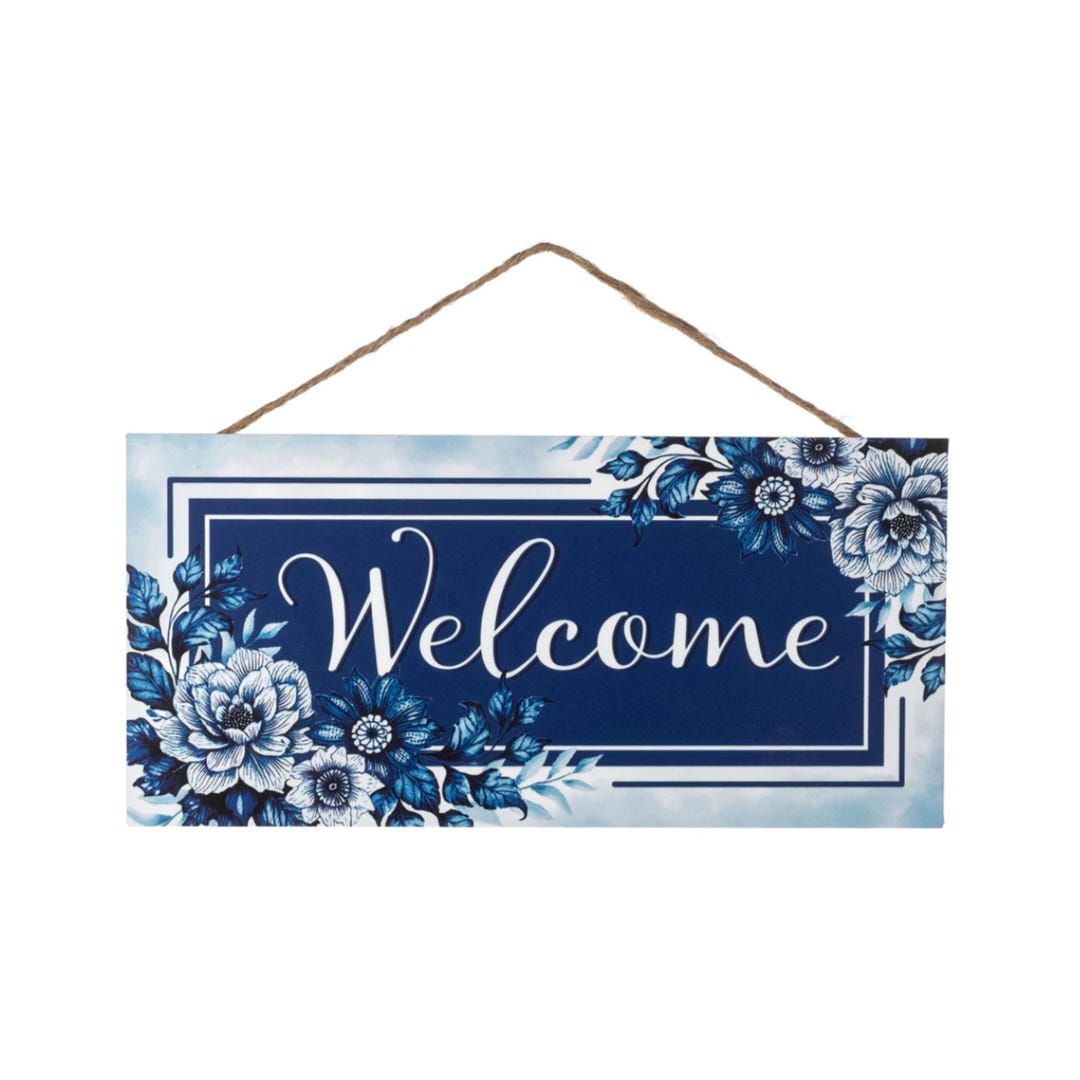 Welcome Navy Blue and White Floral Wood Sign Wreath Decoration - Etsy