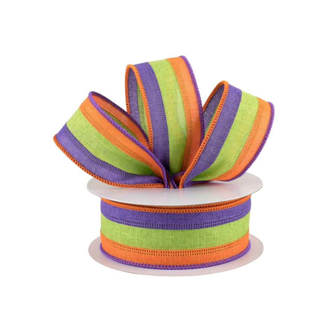 Purple Lime Green and Orange Stripe Canvas 1.5" Wired Ribbon - Etsy
