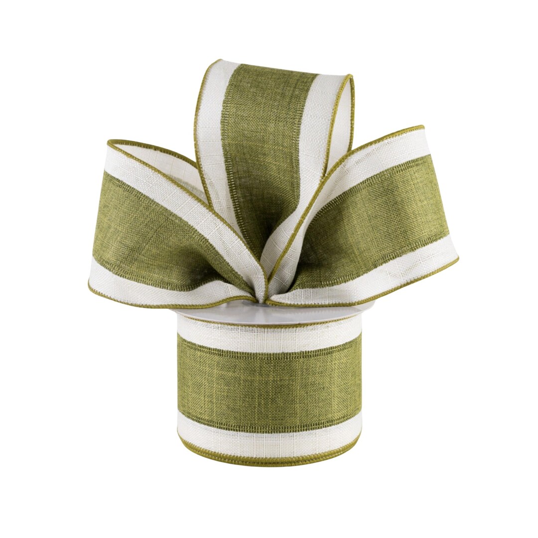 Moss Green and Ivory Stripe Linen 2.5 Wired Ribbon - Etsy