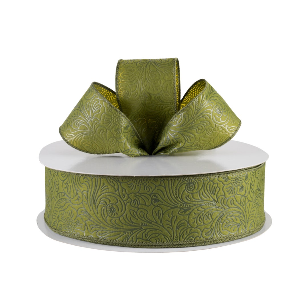 Embossed Flower Moss Green Weatherproof Fabric 2.5" Wired Ribbon - Etsy