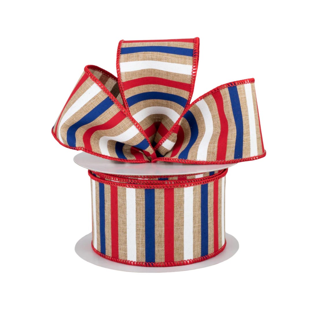 Horizontal Stripe Red White Blue Natural Canvas 2.5" Wired Ribbon - Etsy