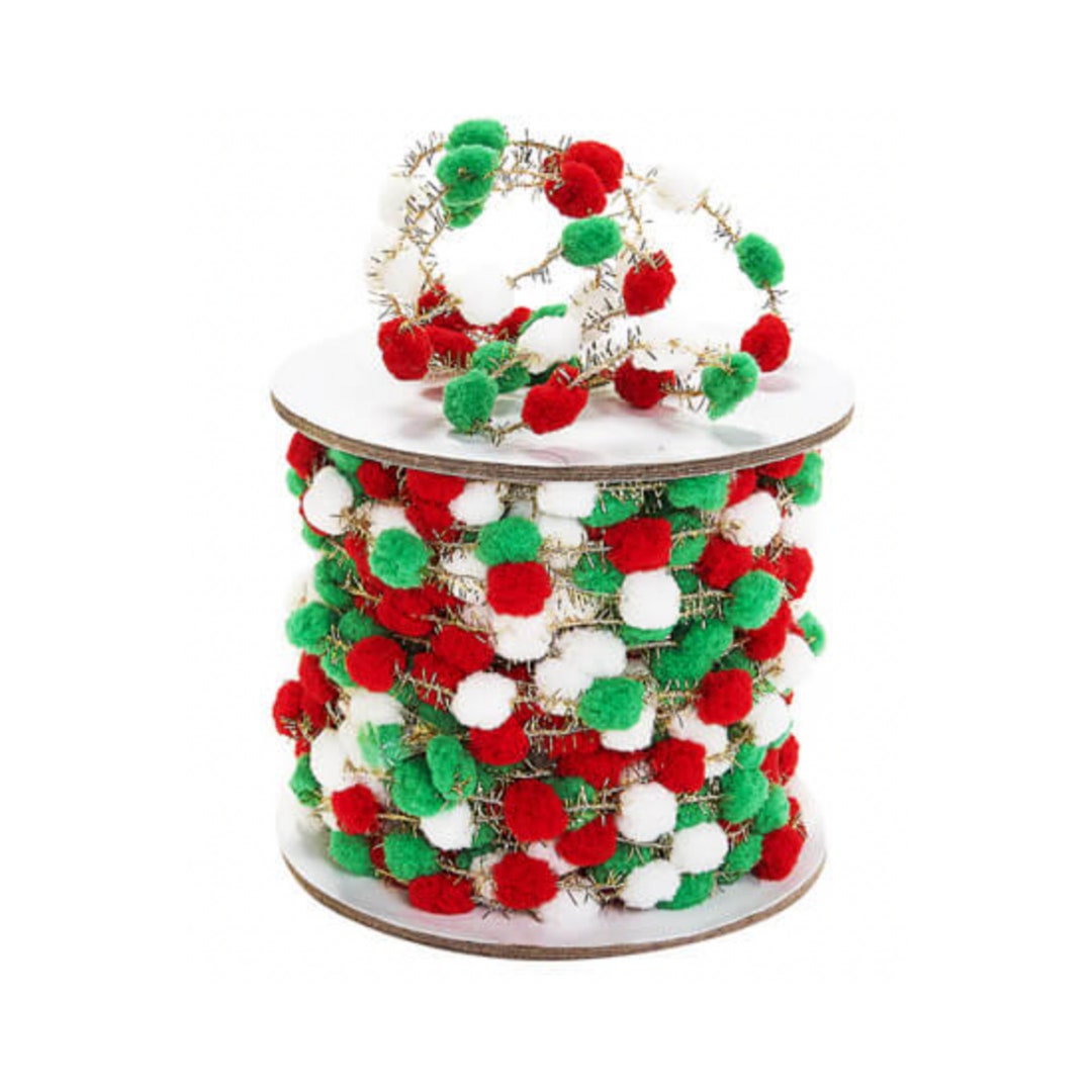 Pom Pom Red Green and White Wired Ribbon Garland - Etsy