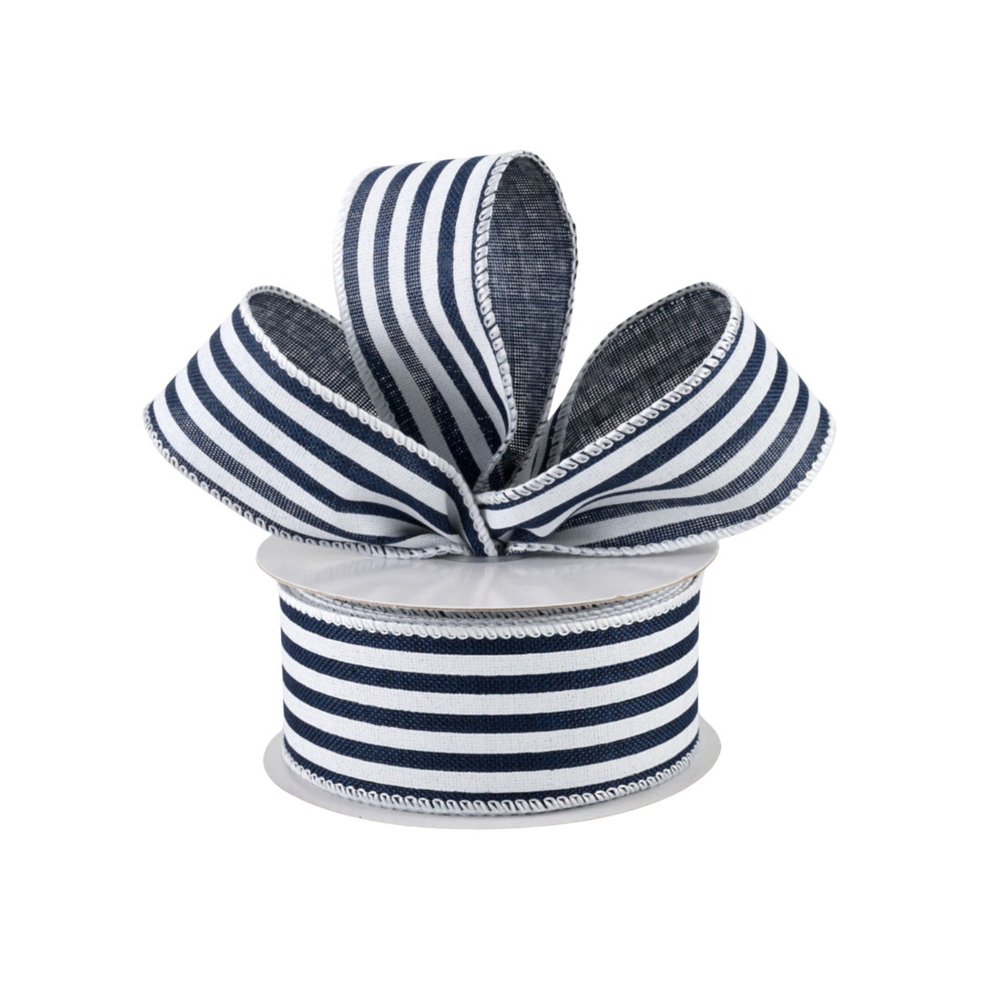 Navy Blue and White Stripe Canvas Fabric 1.5" Wired Ribbon - Etsy