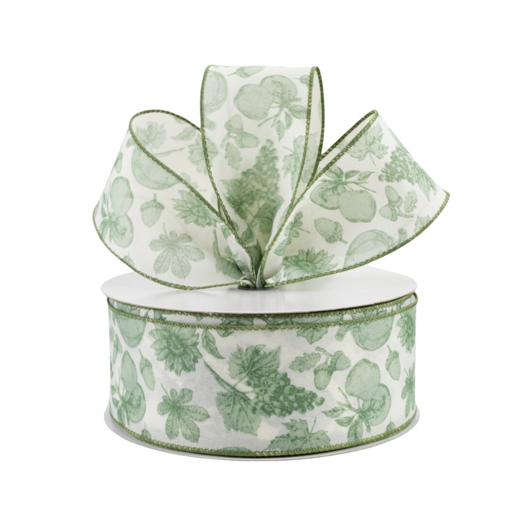 Toile Pumpkin Sage Green and White Canvas 2.5" Wired Ribbon - Etsy
