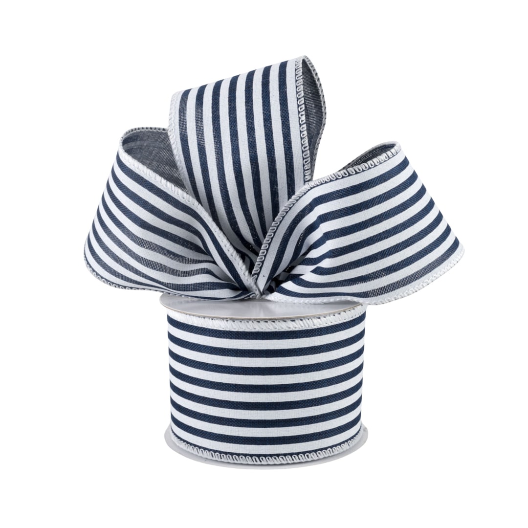 Navy Blue and White Stripe Canvas Fabric 2.5" Wired Ribbon - Etsy