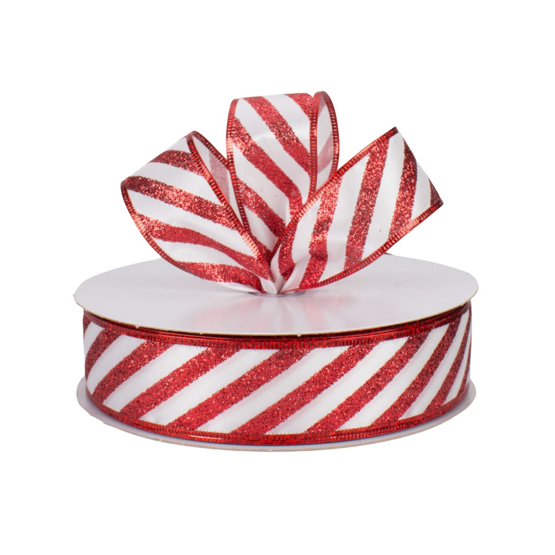 Red And White Candy Cane Glitter Stripe Satin 15 Wired Ribbon Etsy