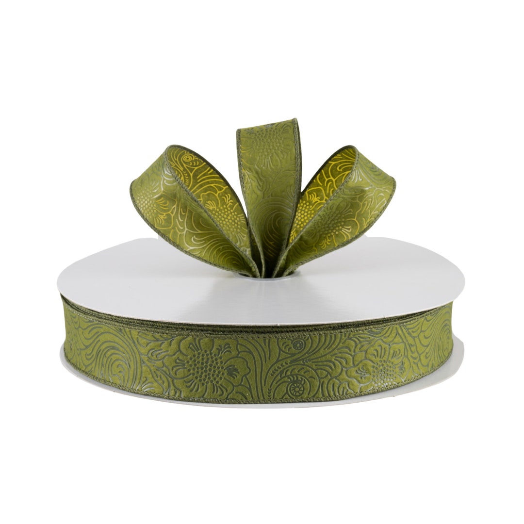 Embossed Flower Moss Green Weatherproof Fabric 1.5" Wired Ribbon - Etsy