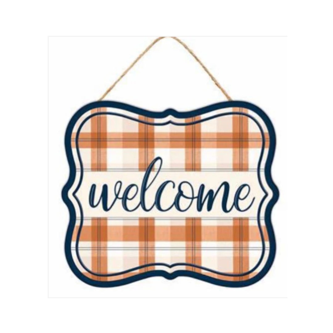 Welcome Navy Blue and Orange Plaid Metal Sign Wreath Decoration - Etsy