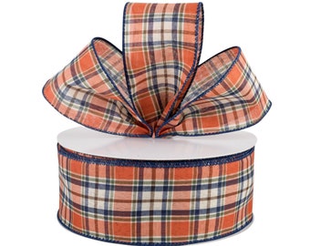 Fall Wired Ribbon, 2 1/2, Orange Navy Blue Green Plaid, TEN YARD ROLL ...