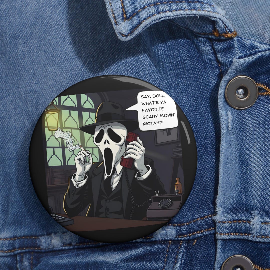 Ghost Face History Scream Cartoon Comic Pin Button Spooky Halloween Bag ...