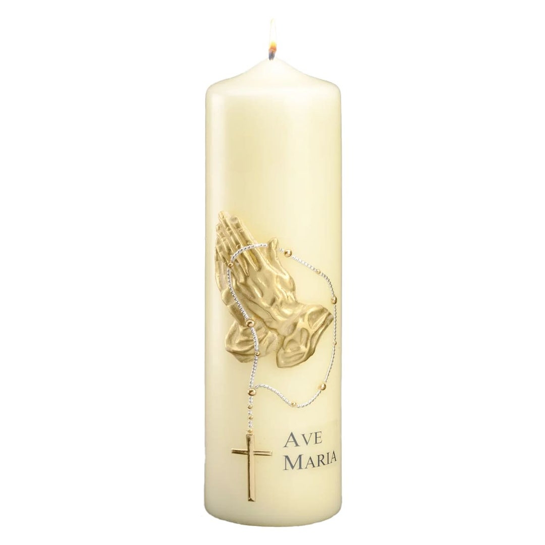 Marian Candle "praying Hands and Ave Maria" Ivory 270 X Ø 70 Mm, 1 ...