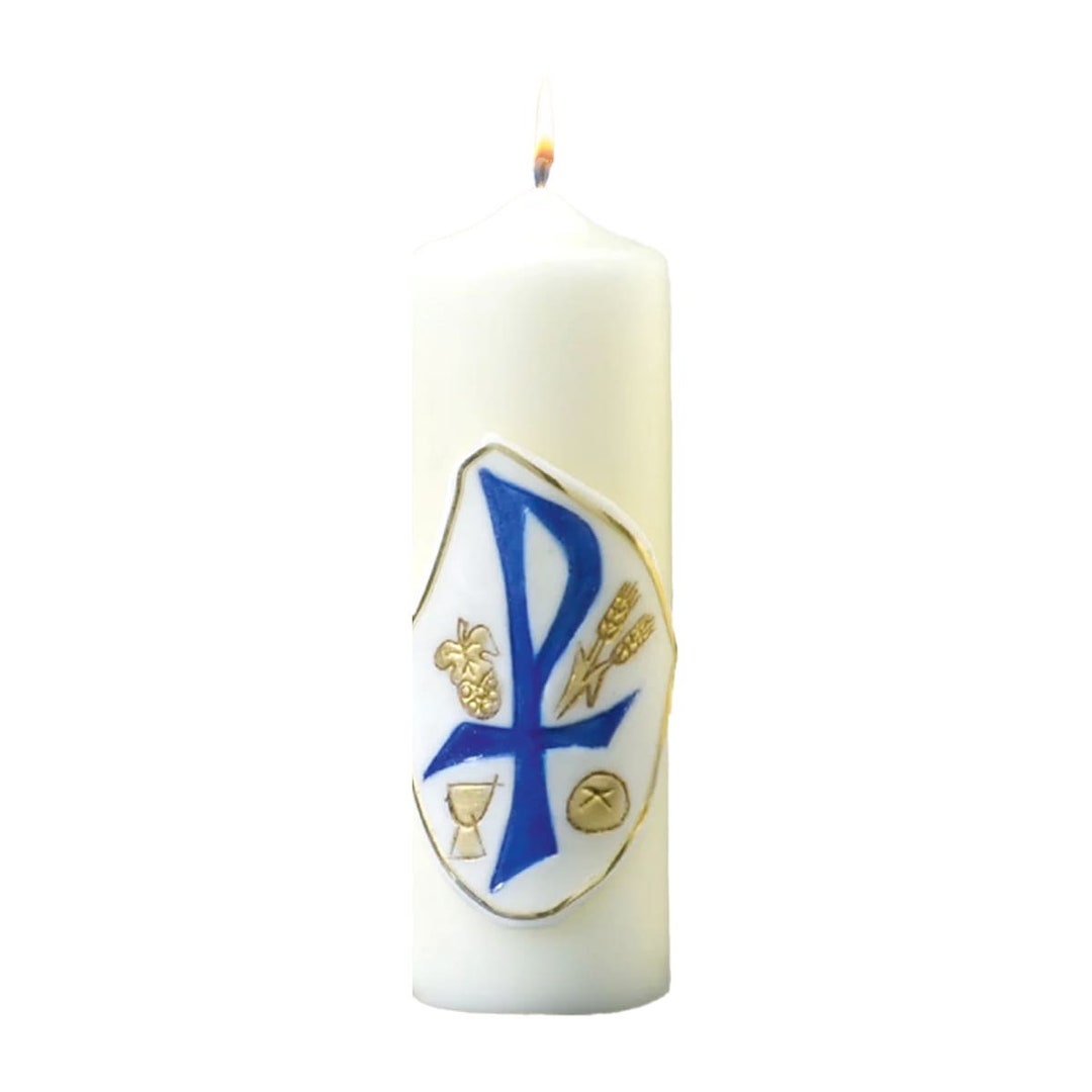 Marian Candle plaque With PX, Symbols Blue/gold Ivory 220 X Ø 70 Mm, 1 ...