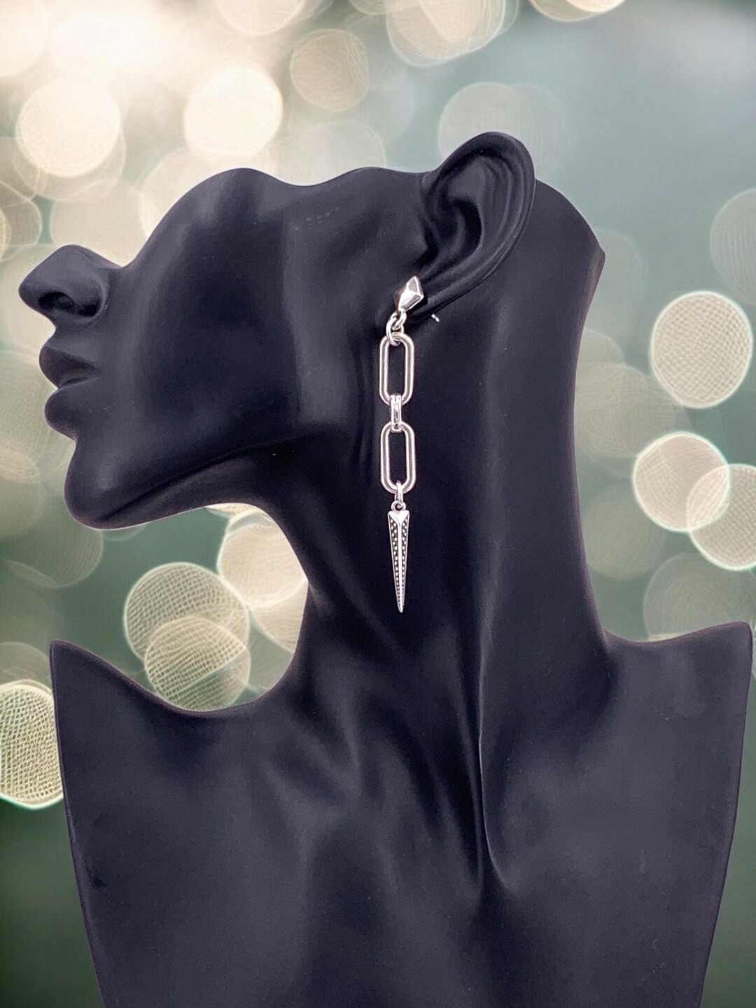Very Long Chunky Chain Earrings With Spike Pendant, Dangling Earrings ...