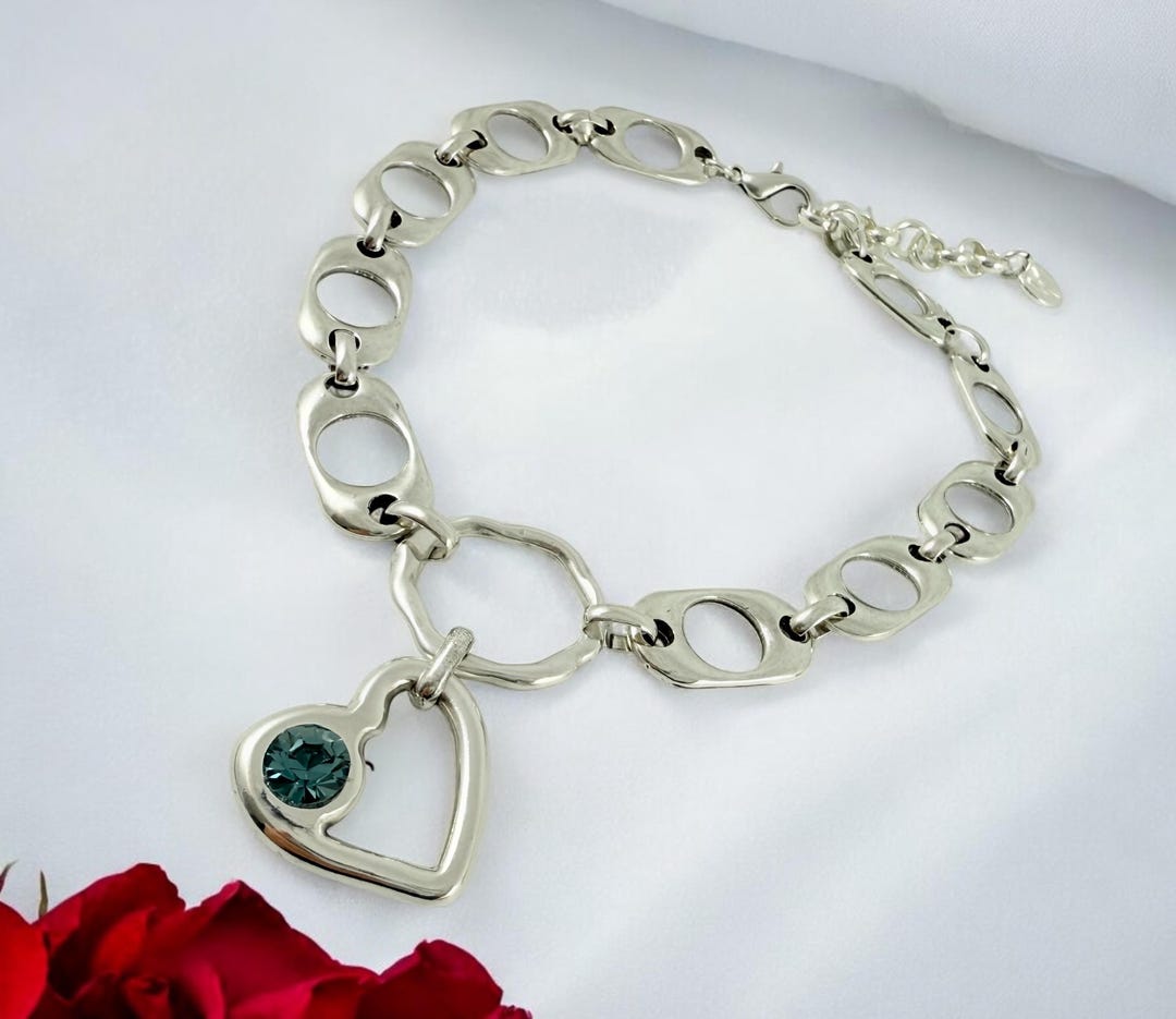 Chunky Silver Heart Pendant Choker – Swarovski Crystal – Big Link Bold ...