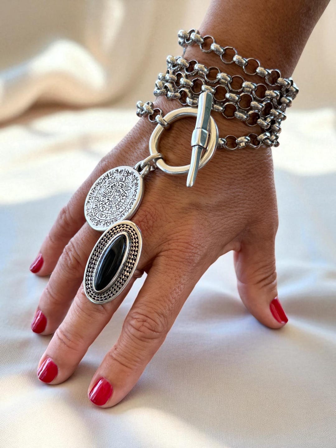 Oversize Black Crystal Ring, Chunky Silver Design, Adjustable Jewelry ...