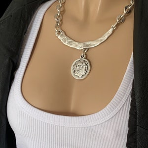 Big Coin Pendant Chunky, Silver Heavy Chain Necklace, Statement Coin ...