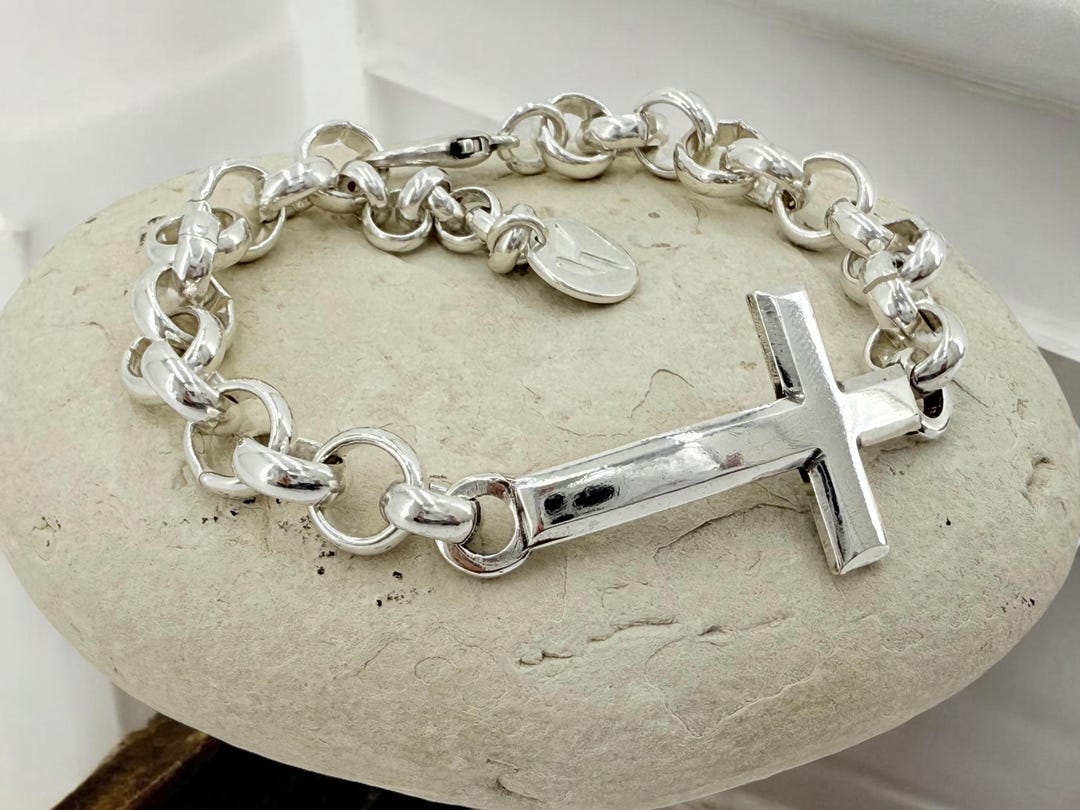Chunky Silver Chain Bracelet With Cross, Bold Link Rolo Bracelet ...