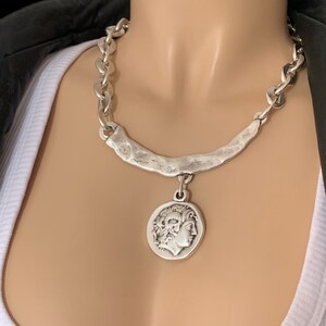 Big Coin Pendant Chunky, Silver Heavy Chain Necklace, Statement Coin ...