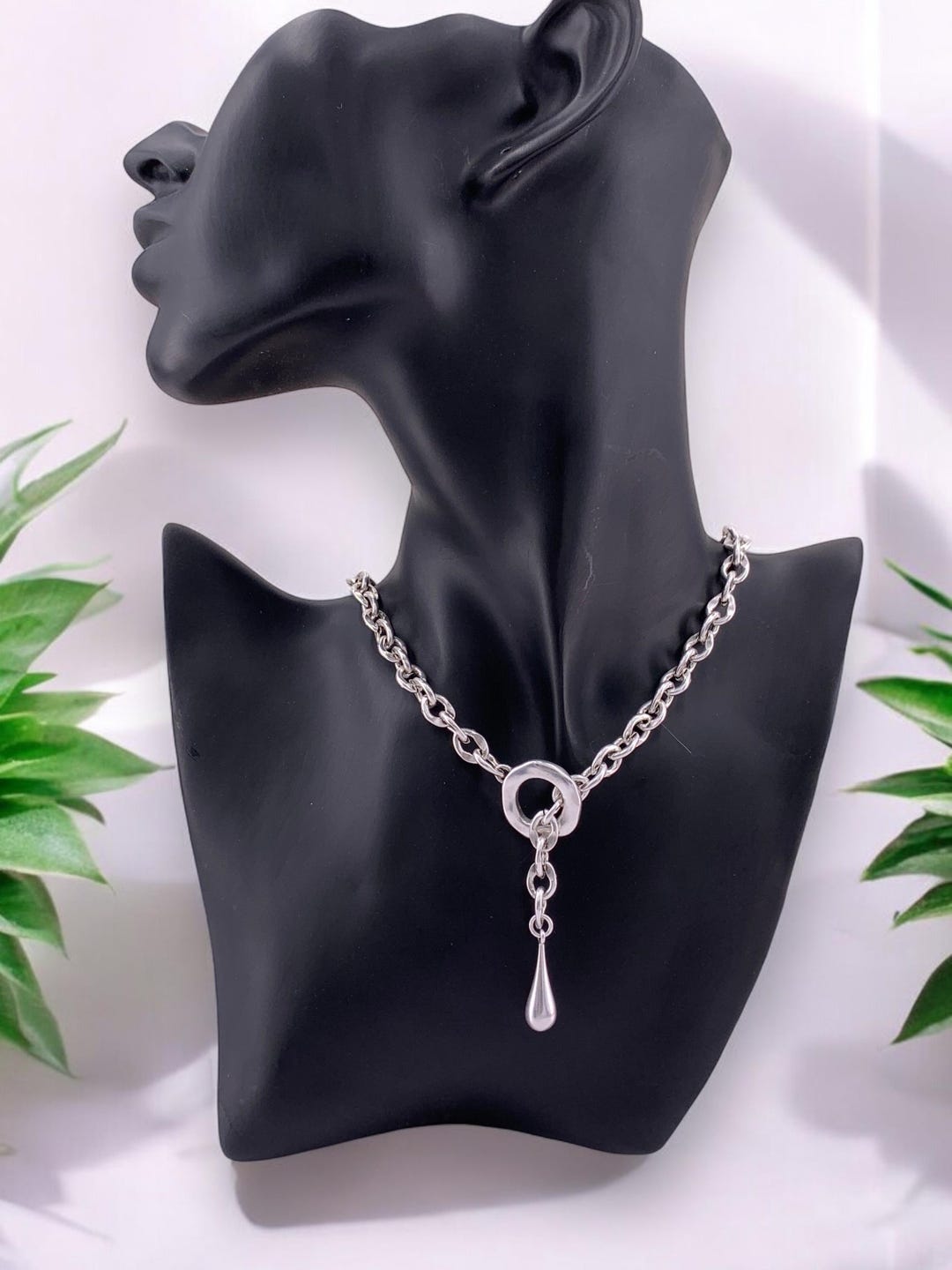 Silver Chain Y Necklace , Chunky Chain Silver Lariat Necklace, Teardrop ...