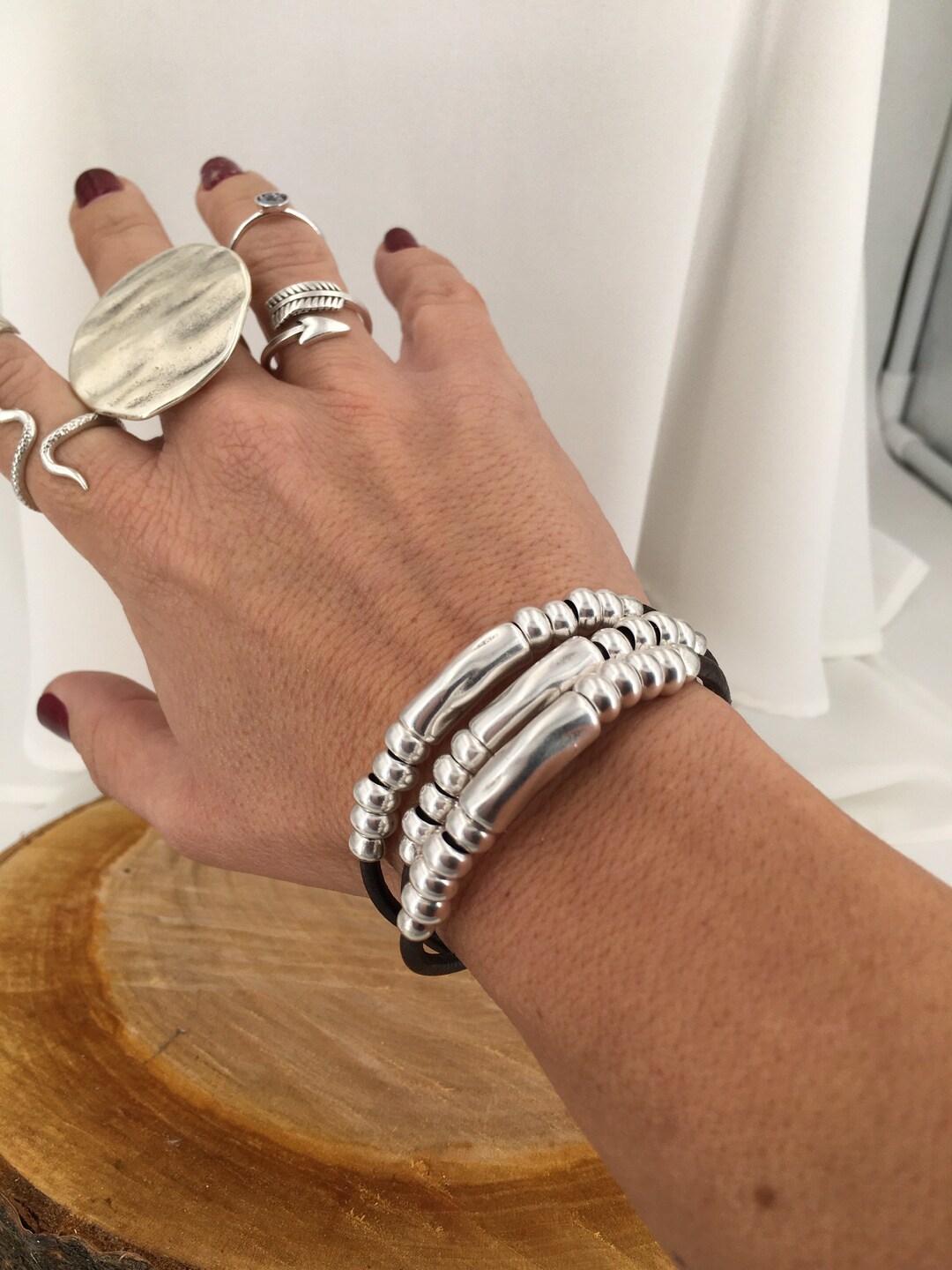 Multi Strand Silver and Leather Chunky Bracelet, Tubes Silver Leather ...