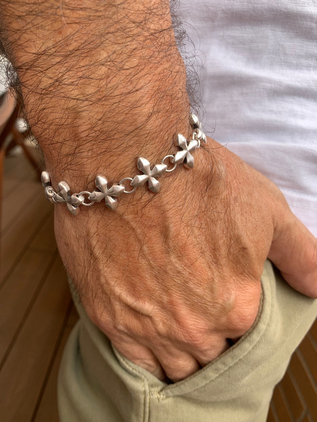Chunky Silver Cross-shaped Link Chain Bracelet- Bold Statement Bracelet ...