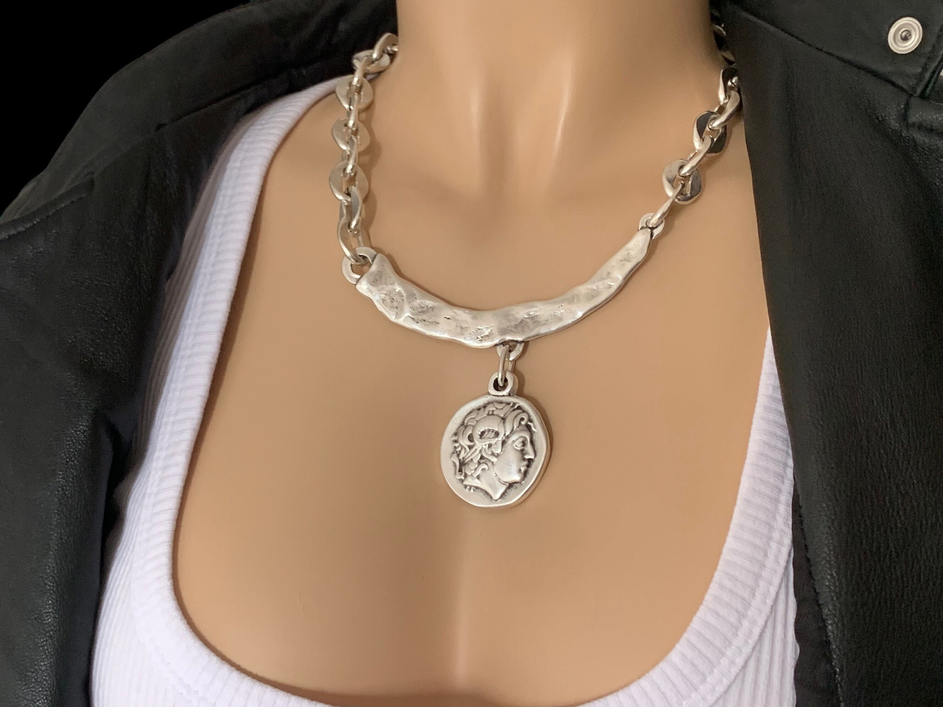 Big Coin Pendant Chunky, Silver Heavy Chain Necklace, Statement Coin ...
