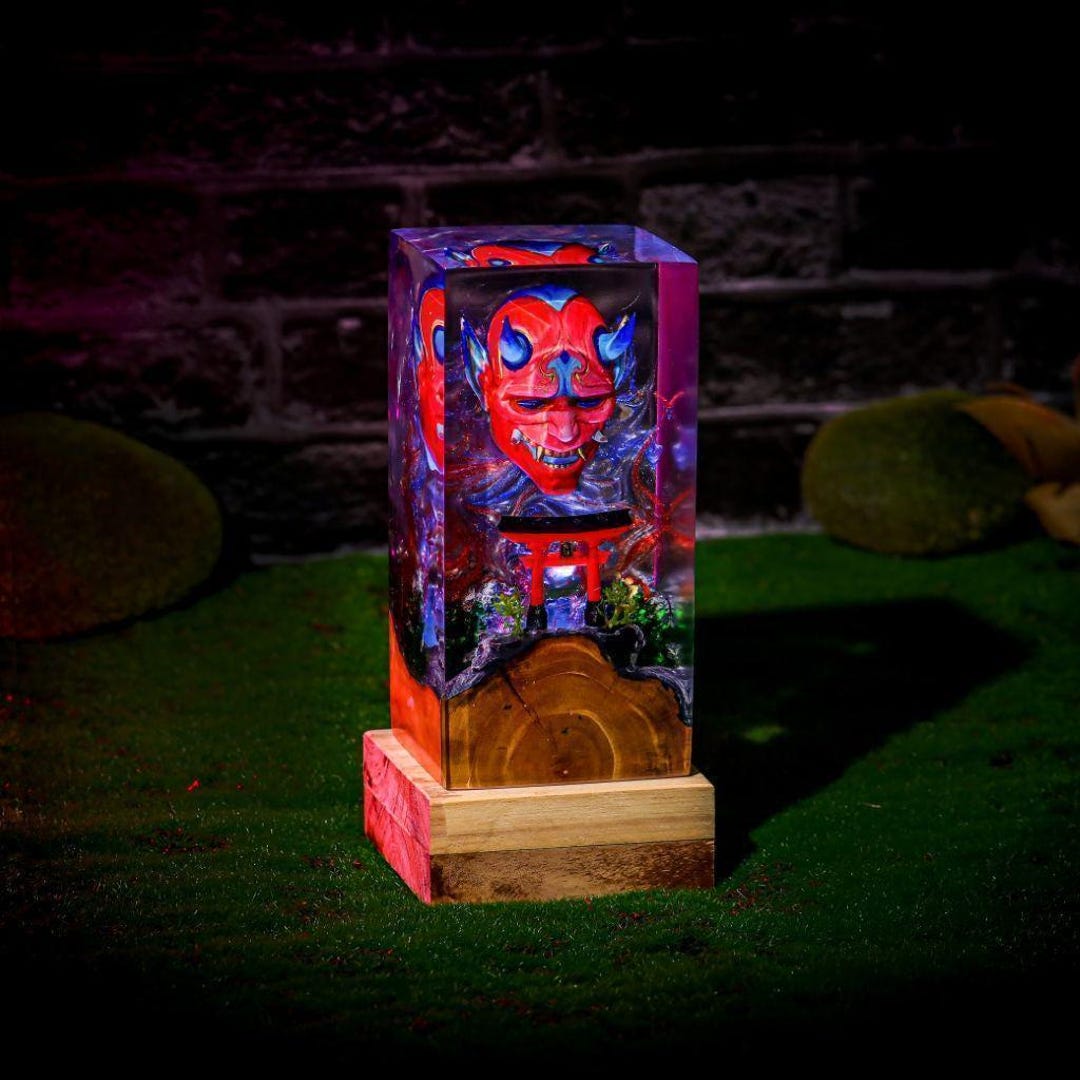 Japanese Demon Mask Resin Lamp Ver 3, Oni Mask Art Night Light, Unique ...