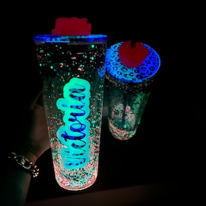 Rainbow Glow in the Dark Snowglobe Tumbler With Rose Straw Topper - Etsy