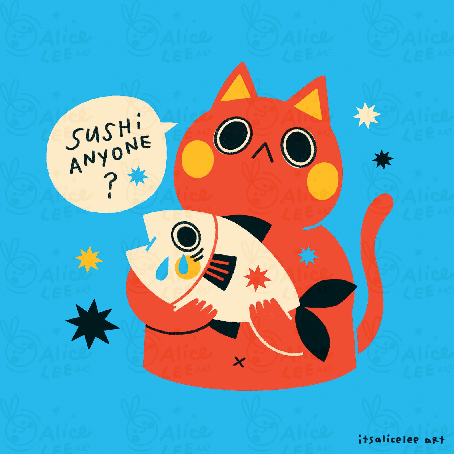 Sushi Cat Cute Animal Art Print Kawaii Illustration Wall - Etsy