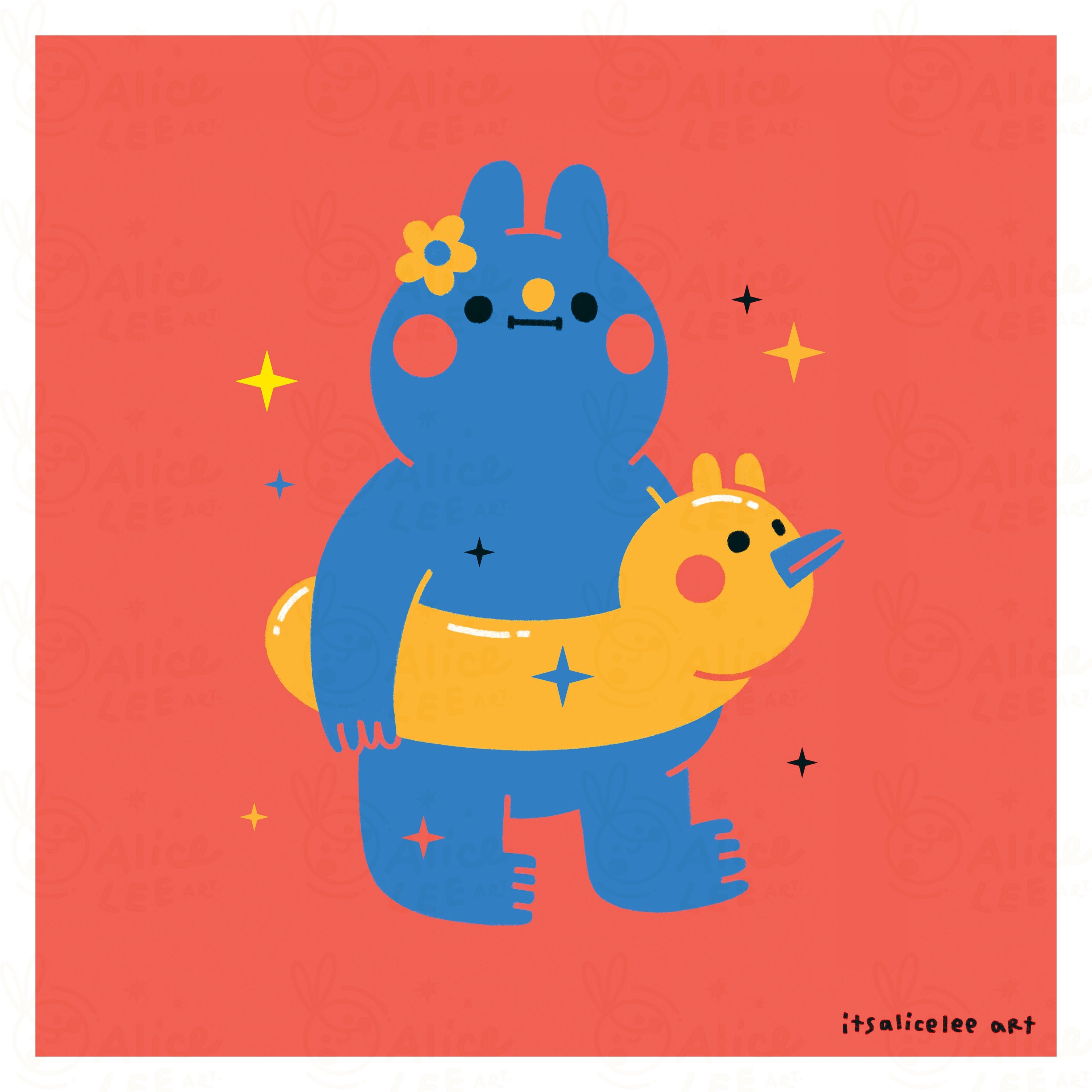 Swimming Bunny Cute Art Print Kawaii Illustration Wall - Etsy