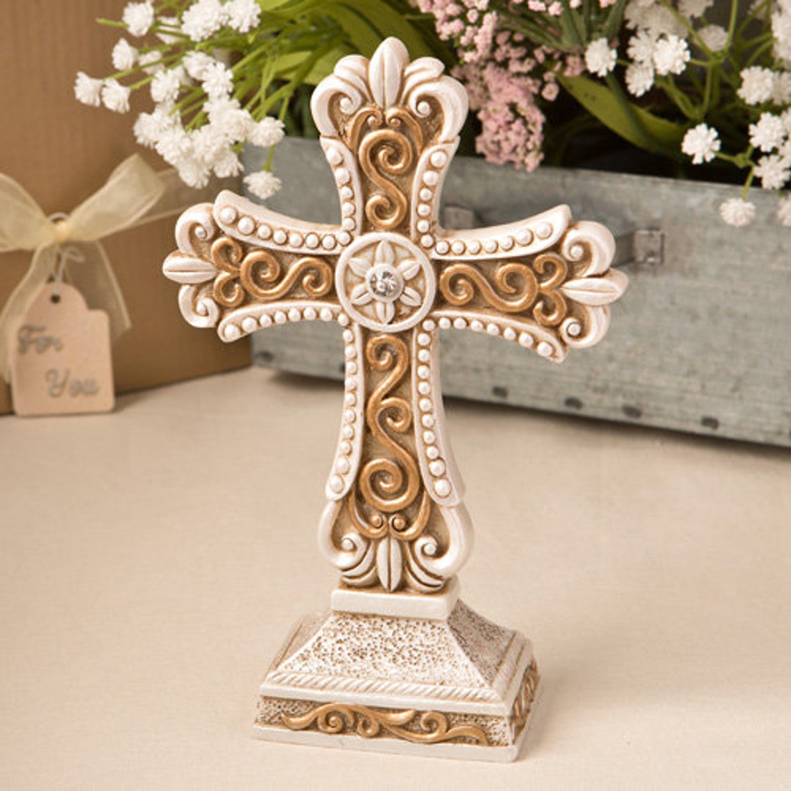 6-70 Ivory Cross Statue W/ Matte Gold Detailing W/ Optional - Etsy