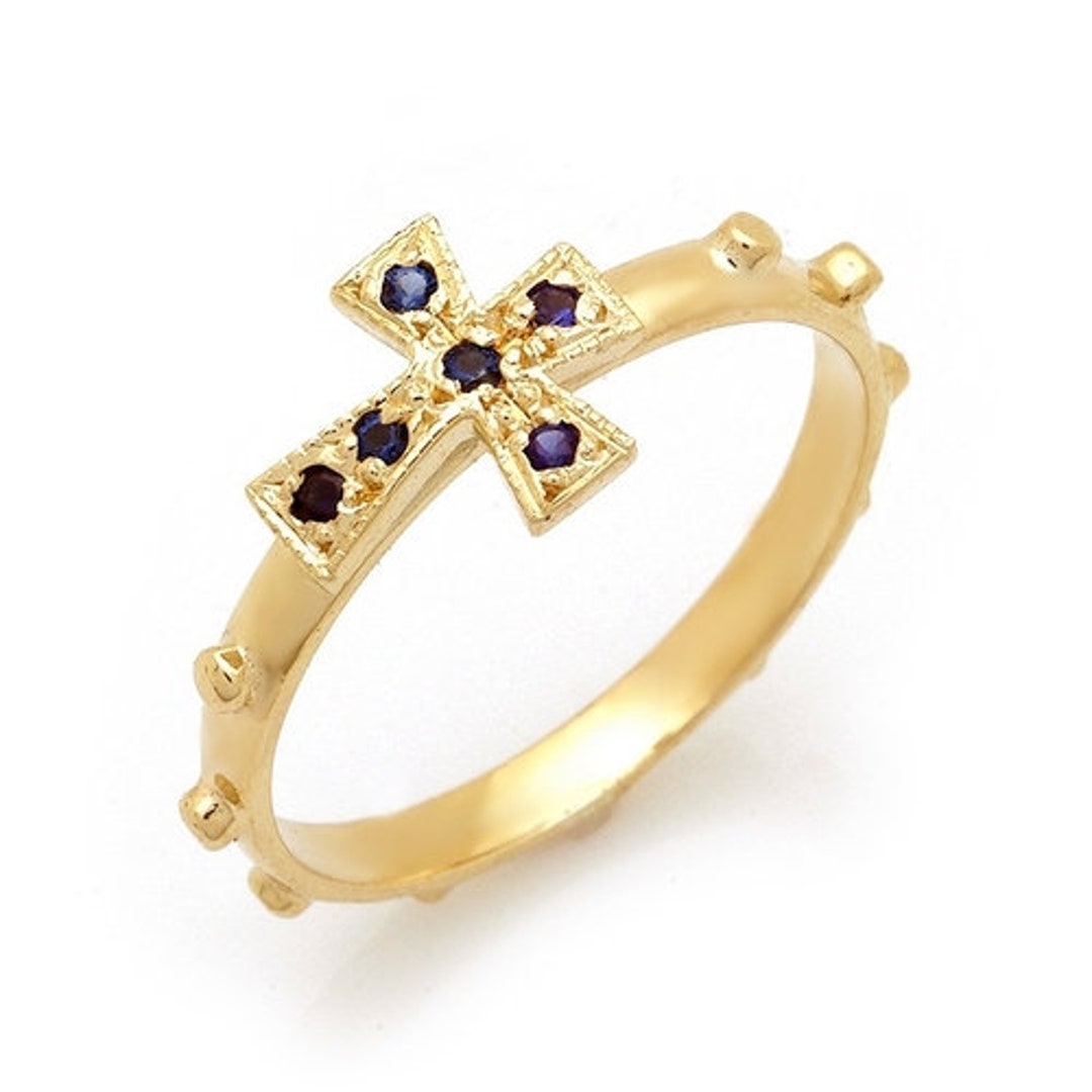 14k 18k Solid Gold Catholic Rosary Ring, Natural Ruby, Natural Sapphire ...