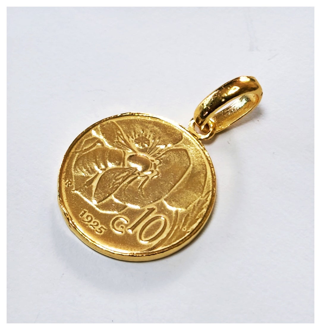 24k Solid Gold/18k/14k Italy Coin Honey Bee on Flower Pendant 999 ...