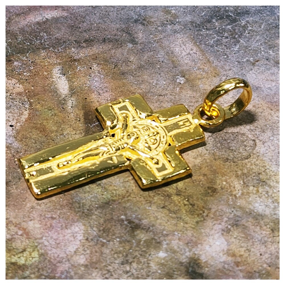 24k Solid Gold Crucifix Saint Benedict Cross Pendant by - Etsy
