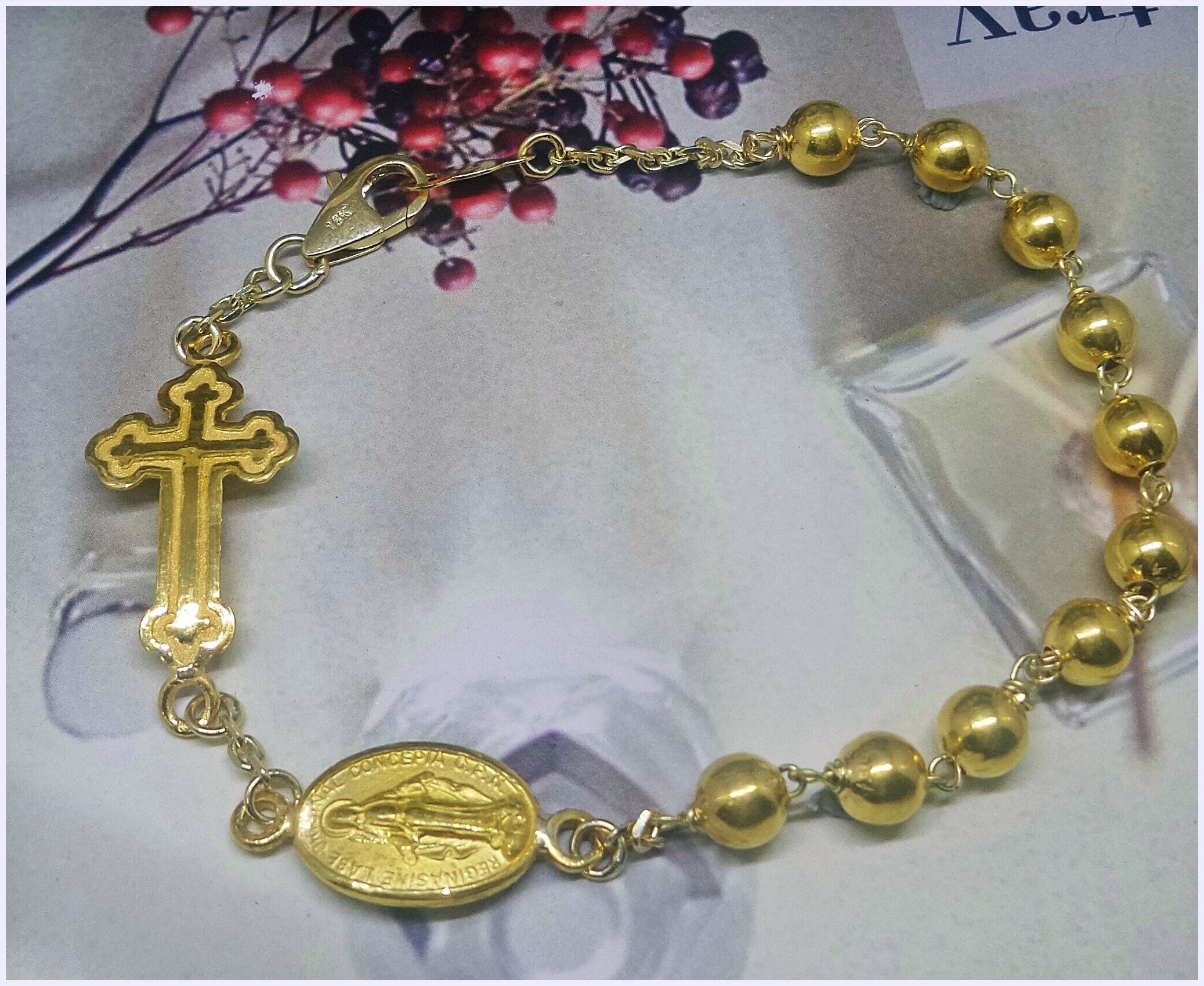 24k Solid Gold Rosary Bracelet 6mm Ball by Estherleejewel - Etsy