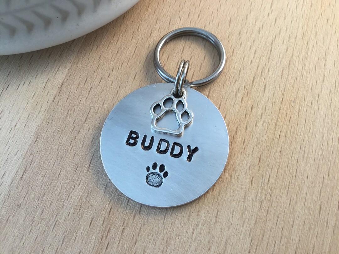 Dog Tag Personalised Dog Paw Hand Stamped Aluminium Round Tag for ...