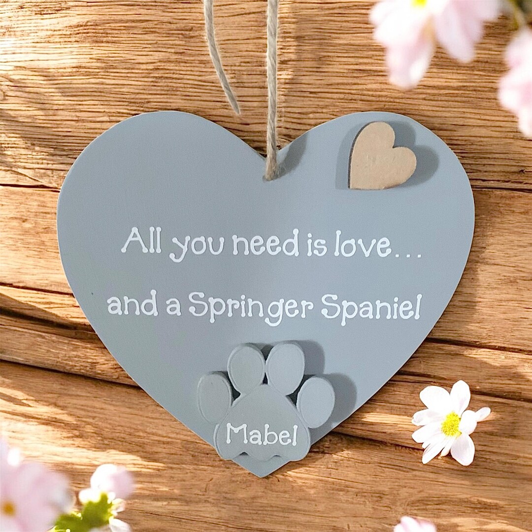 Personalised Springer Spaniel Dog Sign Grey Wooden Heart, Rustic Decor ...