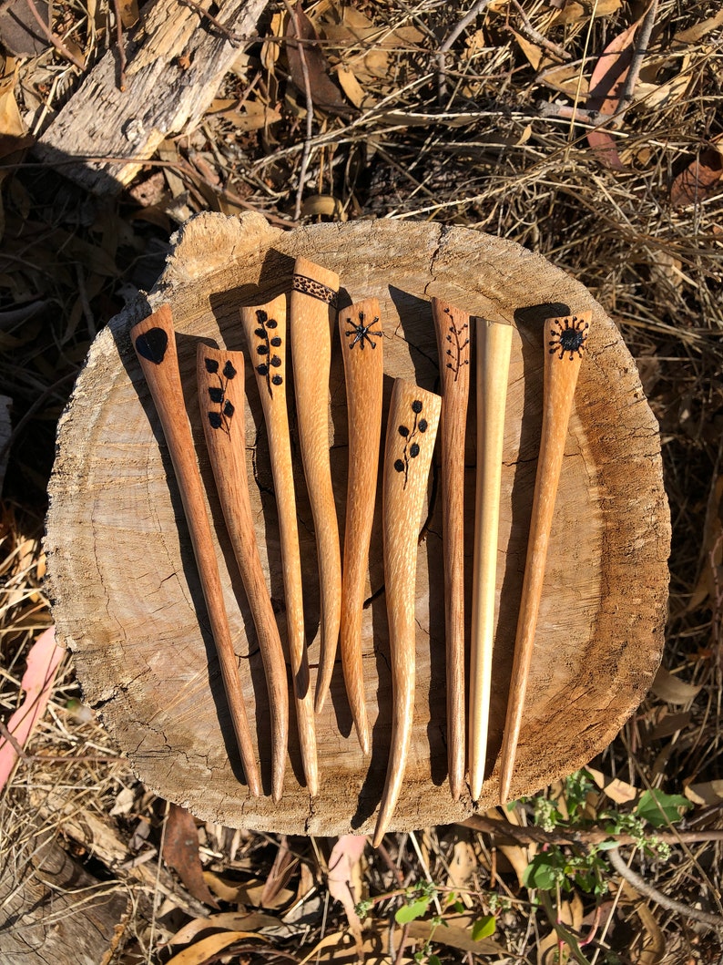Hand Carved Wooden Hair Pins set of 3 - Etsy