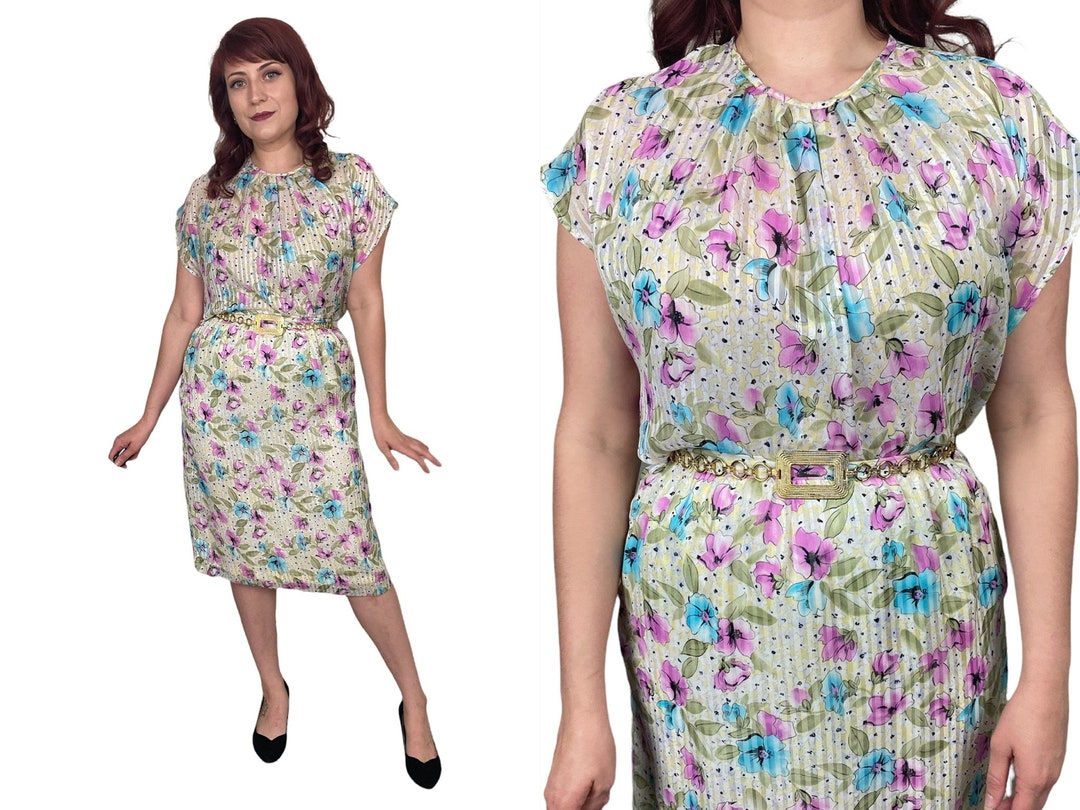 Size M Vintage 1980s 80s Sheer Striped Floral Short Sleeve 2pc Blouse ...