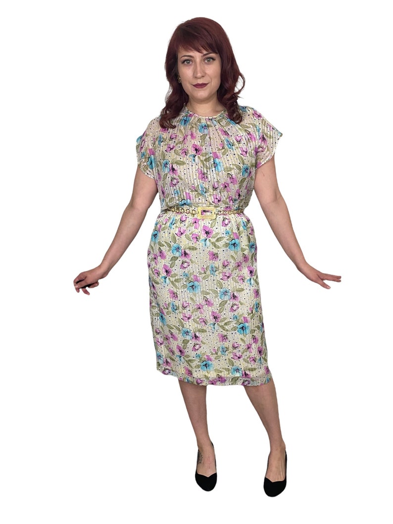 Size M Vintage 1980s 80s Sheer Striped Floral Short Sleeve 2pc Blouse ...