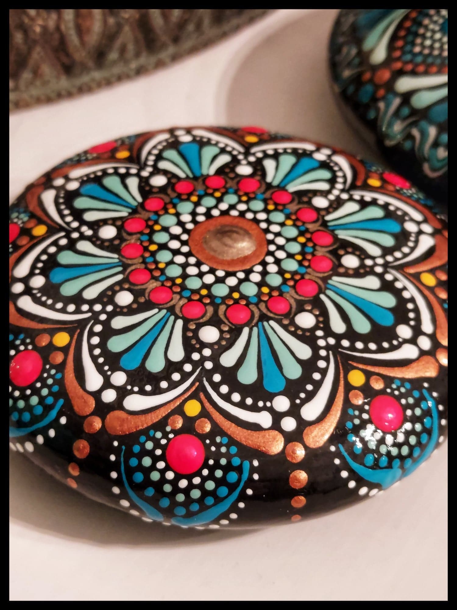 Hand Painted Mandala Wooden Pebble 'reds, Blues and Copper' - Etsy