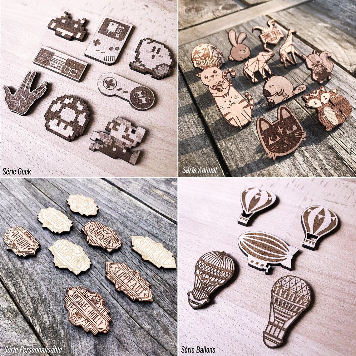 Animal Theme Wooden Badge / Pin's Animals / Cat, Fox, Bear, Elephant ...