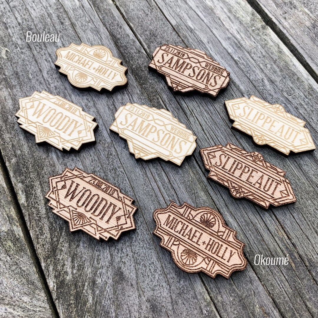 Customizable Art Deco Wooden Badge / Engraved Wood Pin's / Custom ...