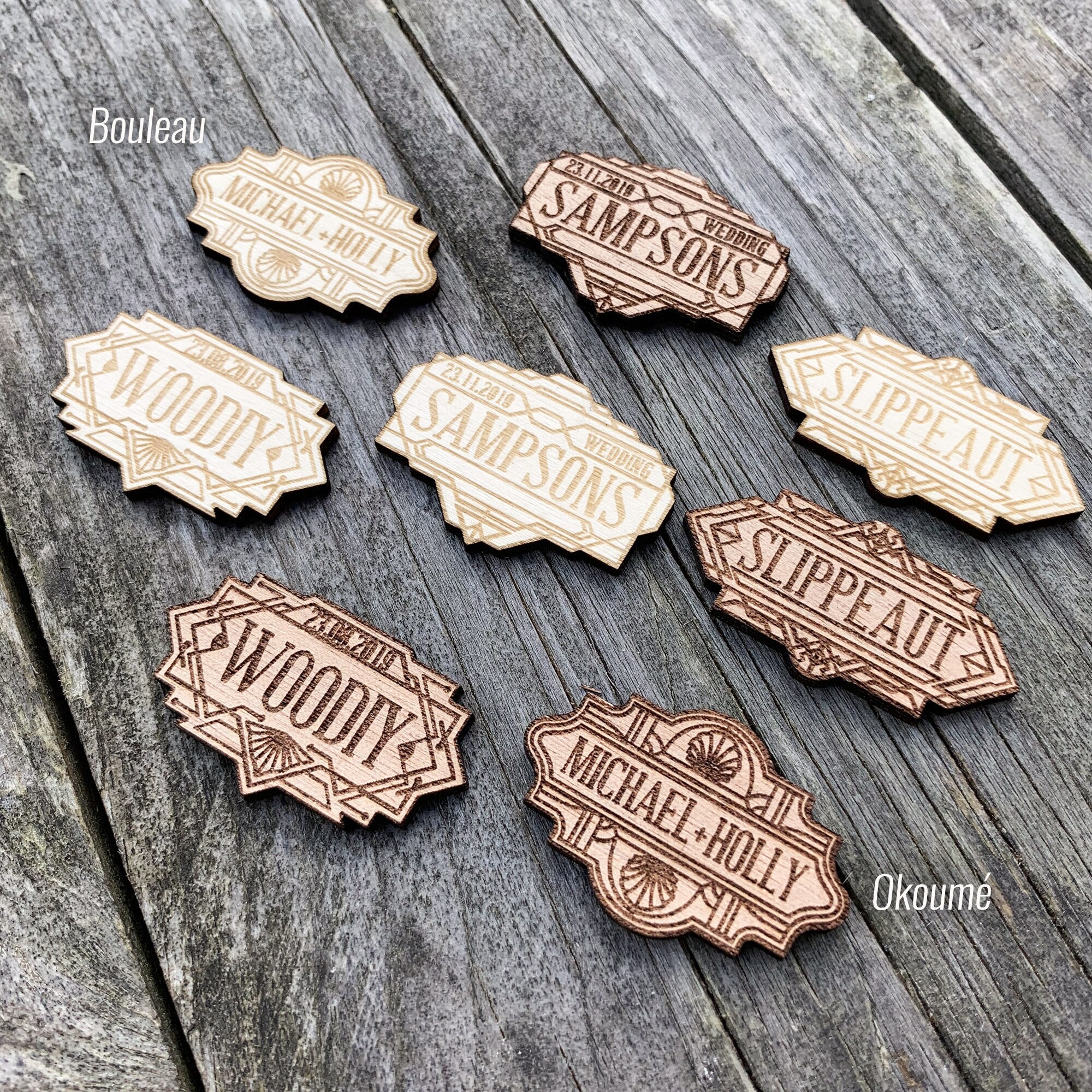 Customizable Art Deco wooden badge / Engraved wood pin's / | Etsy