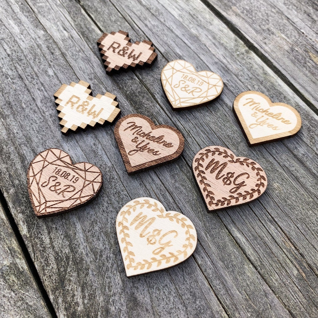 Heart Customizable Wooden Badge / Engraved Wood Pin's / Custom ...